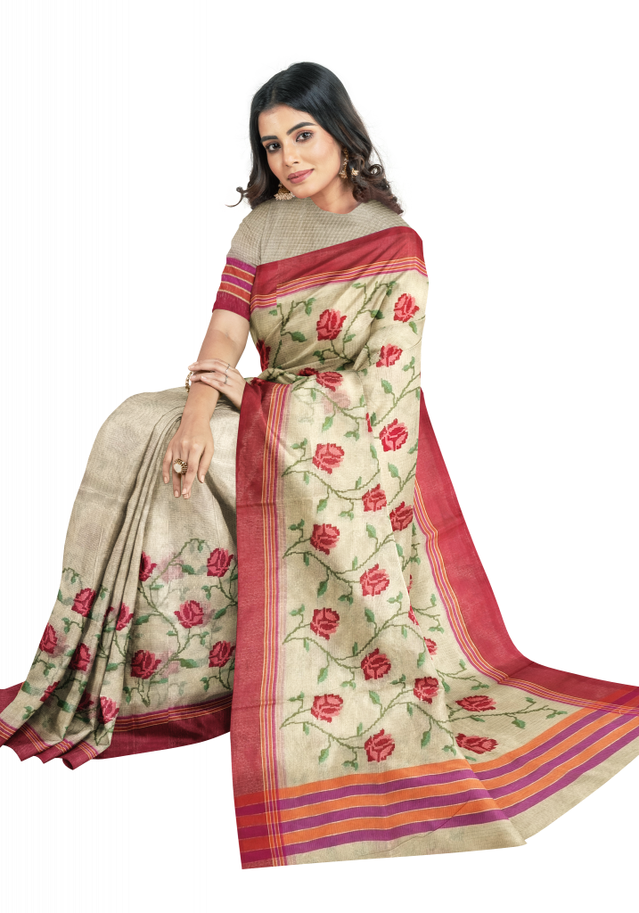 Cream Tissue Saree with Red Jari Border and Tassels - Shree Jain Jari Store